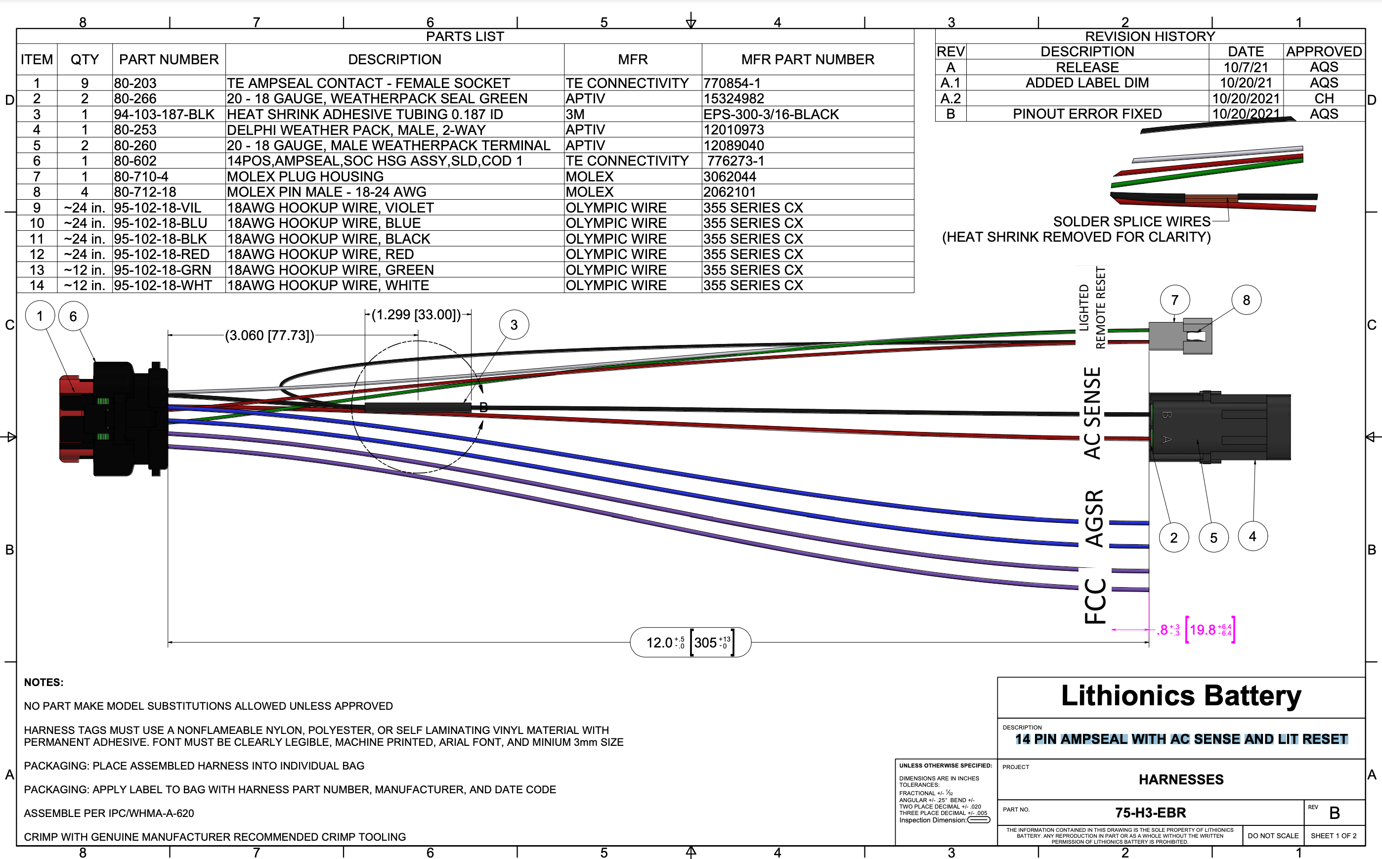 Lithionics V9 AMPseal 75-H3-EBR harness 14 pin ampseal with ac sense a ...